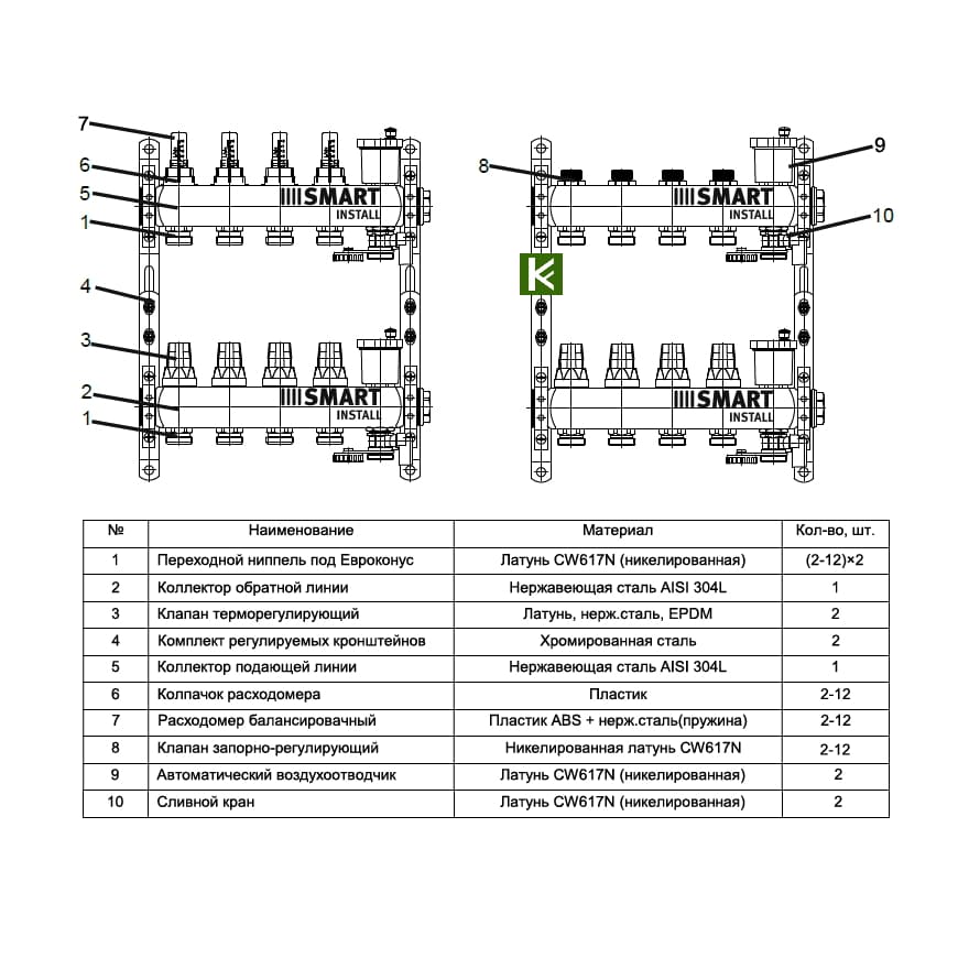 Коллектор SMART Install 53136S с клапанами 6 выходов - купить коллекторную группу Смарт Инстал ...